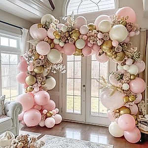HIBAO Pink White Gold Balloon Garland Double Stuffed Pastel Baby Pink Cream Gold Balloon Arch Kit for Baby Bridal Shower Wedding Engagement Birthday Party Decoration
