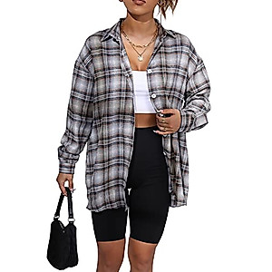 LYANER Women's Long Sleeve Plaid Collar Button Down Boyfriend Shirt Blouse Top Grey 3X-Large