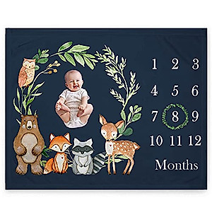 Popfavors Yuzioey Woodland Baby Monthly Milestone, Woodland Greenery Baby Growth Chart Monthly Blanket, Watch Me Grow Baby Forest Nursery Gift for New Moms Baby Shower, Includes Marker (Black, 50x40)