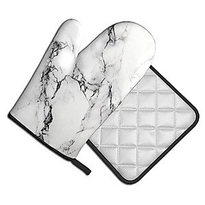 Simple White Marble Stone Funny Oven Mitt and Pot Holders Set Heat Resistant for Kitchen Cooking Baking Grilling Waterproof Non-Slip Thick Oven Gloves