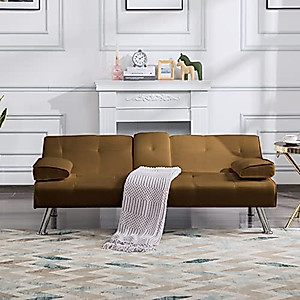 YUNLife&Home Upholstery Futon Sofa Loveseat Convertible Sleeper Couch Bed Daybed,Folding Recliner Sofá with 2 Cup Holders,Removable Soft Pillow-Top Armrest,3 Angles,Easy to Assemble for Living Room