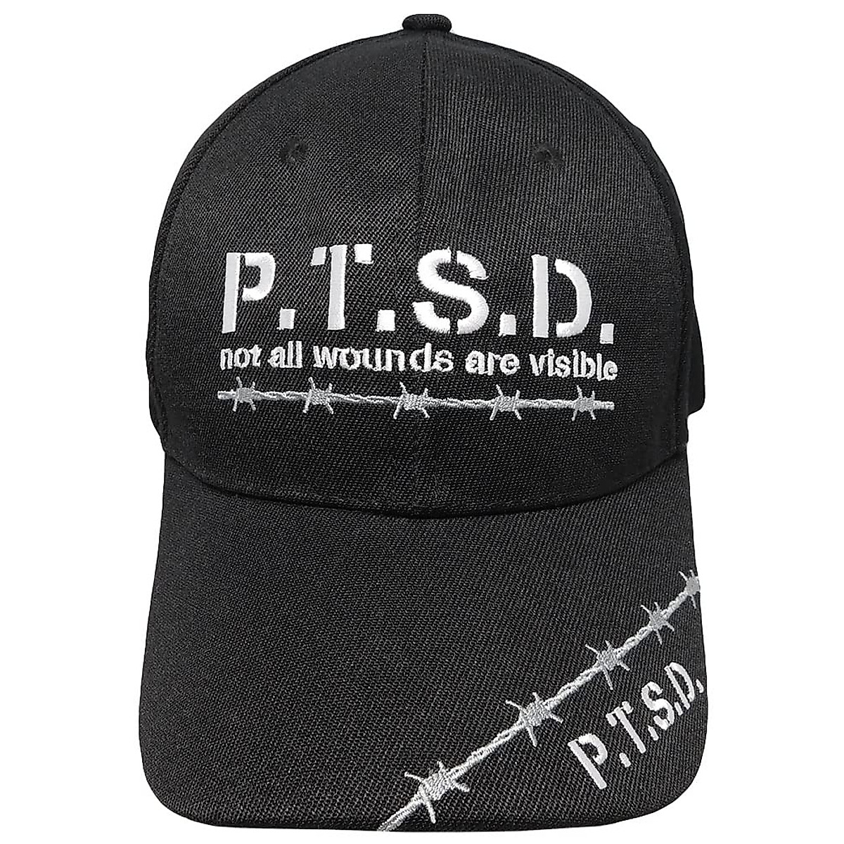 P.T.S.D. Not All Wounds are Visible Black Barb Barbed Wire Acrylic Adjustable Embroidered Cap Hat