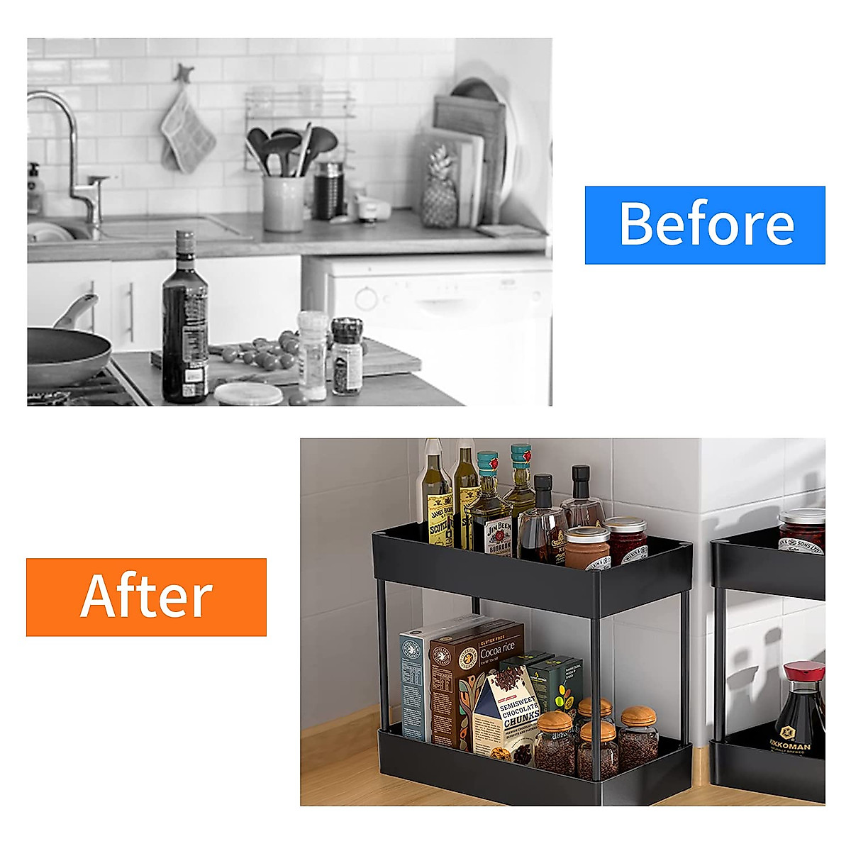 AntDesign Under Sink Organizer Kitchen Cabinet Storage, 2 Tiers Under Cabinet Bathroom Under Sink Shelf Basket Multi-purpose and Large Capacity with Hooks (White)