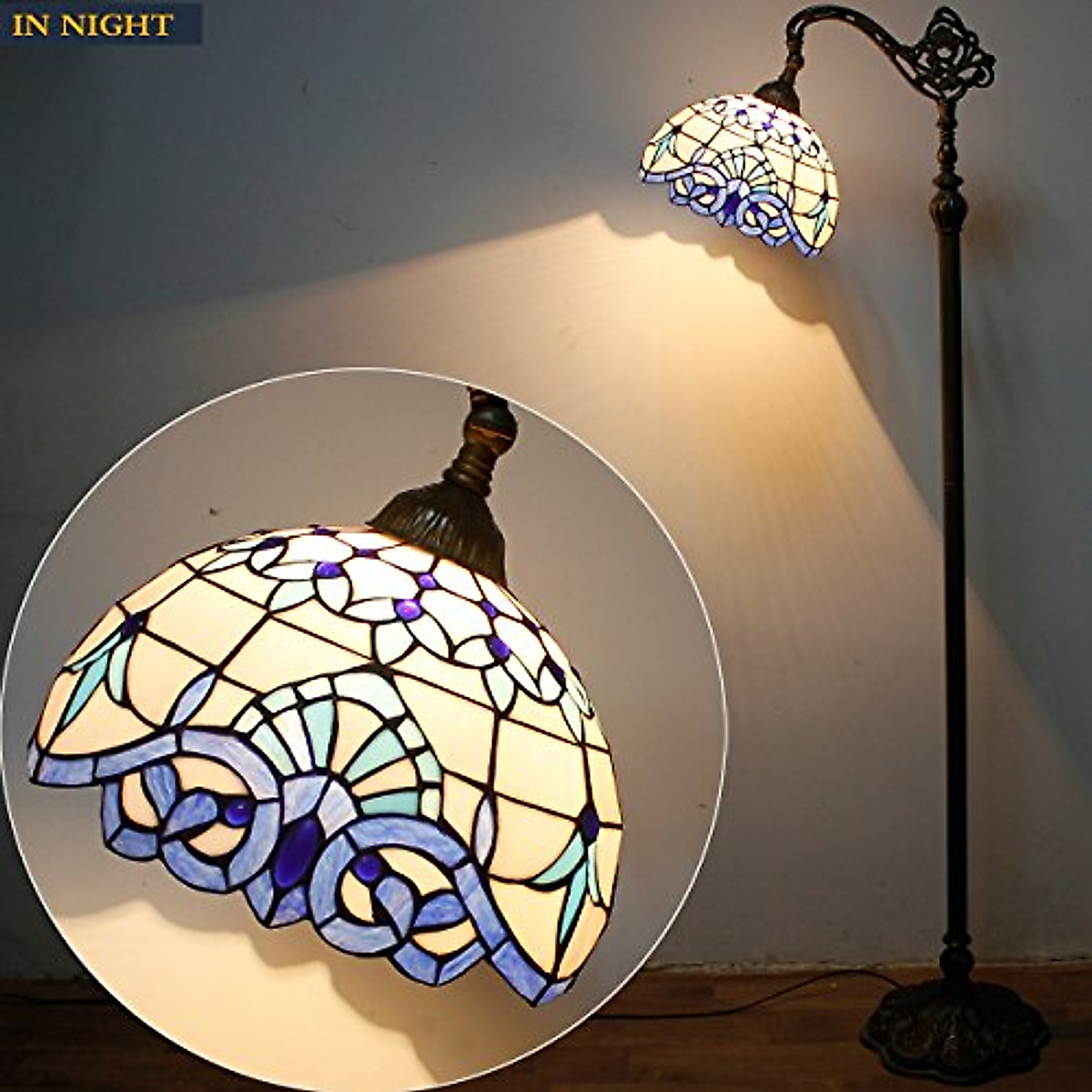 WERFACTORY Tiffany Floor Lamp Navy Blue White Stained Glass Arched Lamp 12X18X64 Inches Gooseneck Adjustable Corner Standing Reading Light Decor Bedroom Living Room S003B Series
