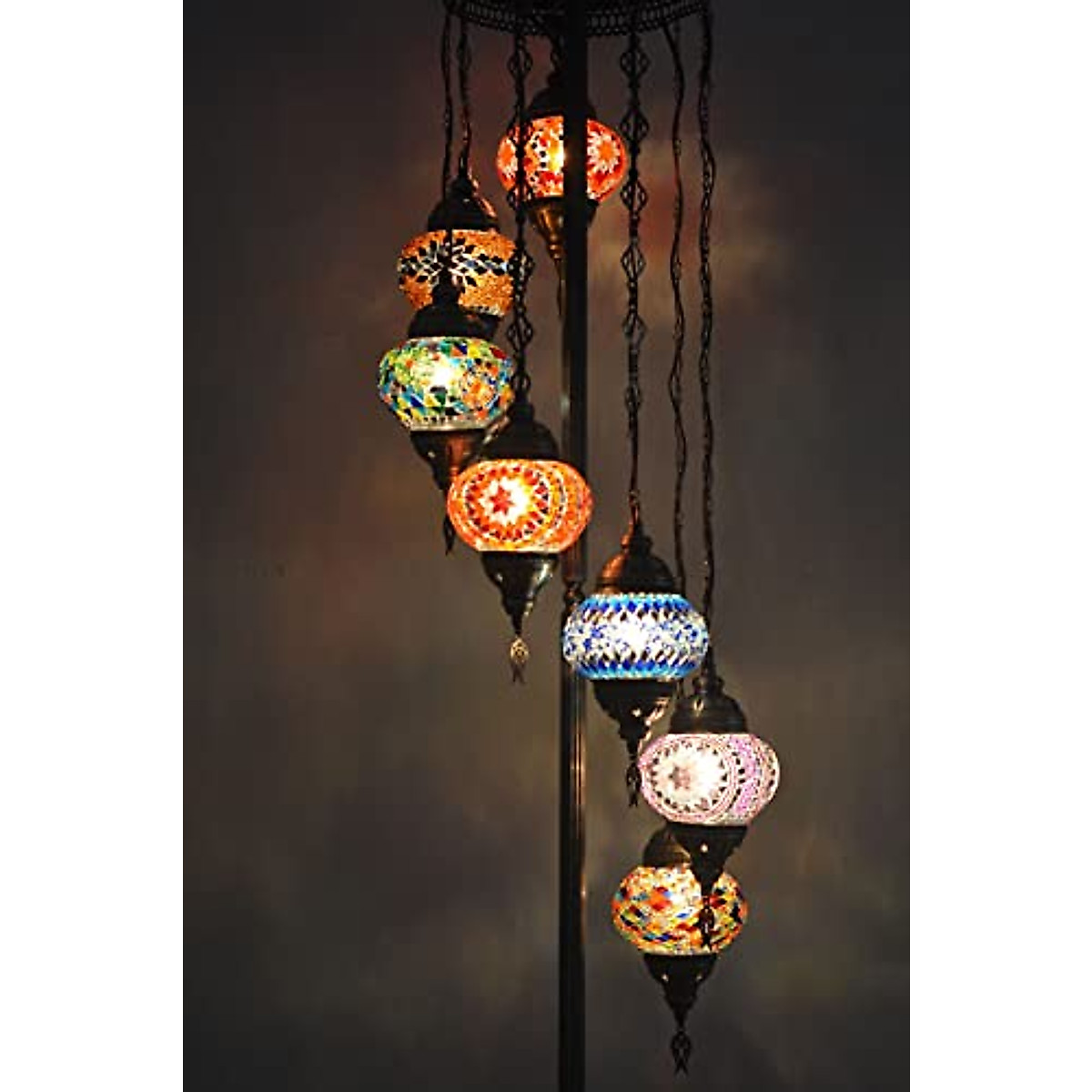 LaModaHome Handmade, Tiffany Style Glass, Turkish/Moroccan Lantern Ottoman Style Mosaic Floor Lamp (Red, 7 Globes)