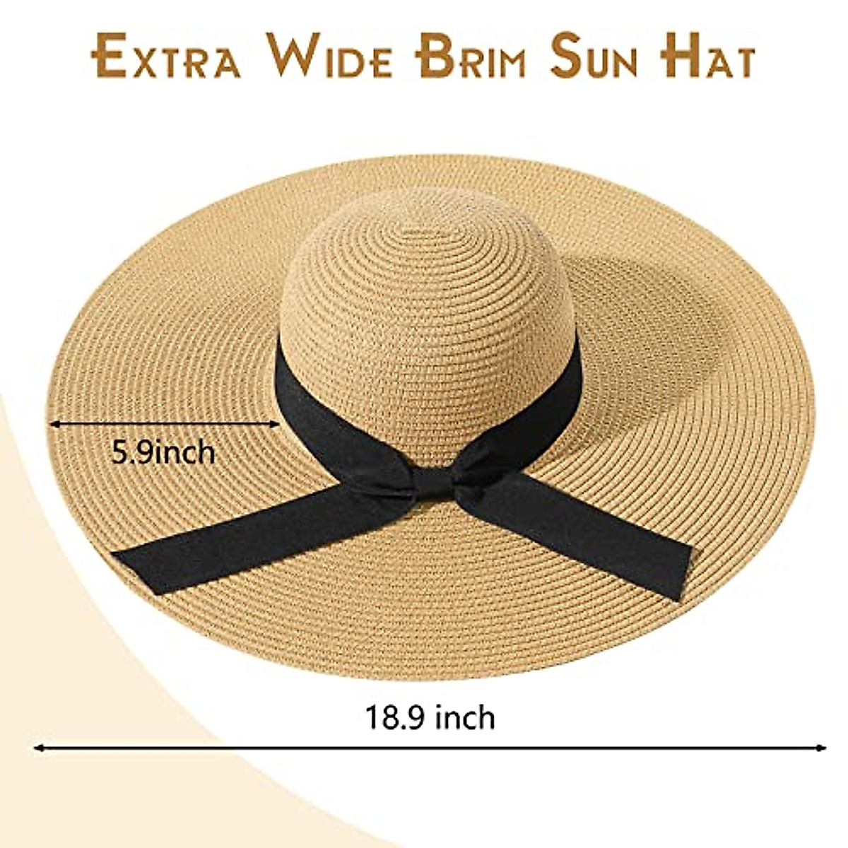 Womens Beach Sun Straw Hat - UV Protection UPF 50+ Sun Hats for Women with Wide Brim, Foldable Floppy Straw Beach Hat for Women