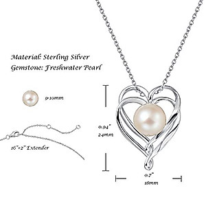 FANCIME June Birthstone Pearl Necklace 925 Sterling Silver Double Heart Necklace with Genuine Quality 9-10mm Freshwater Cultured Pearls Bridal Wedding Pearl Jewelry for Women