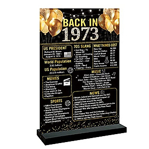 Trgowaul 50th Birthday Anniversary Decorations Women Men, Black Gold Back in 1973 Birthday Poster Acrylic Table Sign with Stand, 50 Anniversary Decor Gifts for Men, Vintage 1973 Supplies 50 Birthday