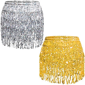 Sequin Fringe Skirts Belly Dance Skirt Festival Tassel Skirt Hip Scarf Wrap Outfit Costumes for Women and Girls (Silver, Gold)