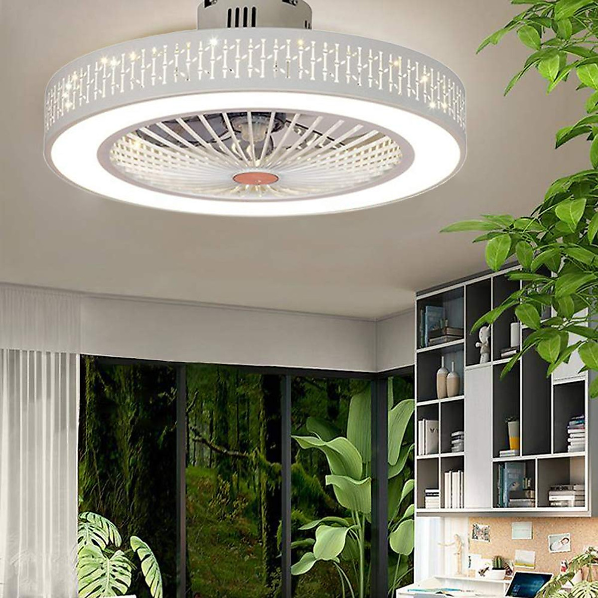CNCEST 21.6" Modern Invisible Ceiling Fan Light LED Chandelier Lamp,Round Flush Mount Ceiling Fan Dimmable Light Adjustable Speed and Color Temperature with Remote Control 110V
