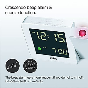 Braun Digital Projection Alarm Clock with 4 Backlight Options, Negative LCD Display, Quick Set, Beep Alarm in White, Model BC15W