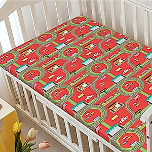 Car Race Track Themed Fitted Crib Sheet,Standard Crib Mattress Fitted Sheet Soft and Breathable Bed Sheets-Crib Mattress Sheet or Toddler Bed Sheet, 28“ x52“,Multicolor