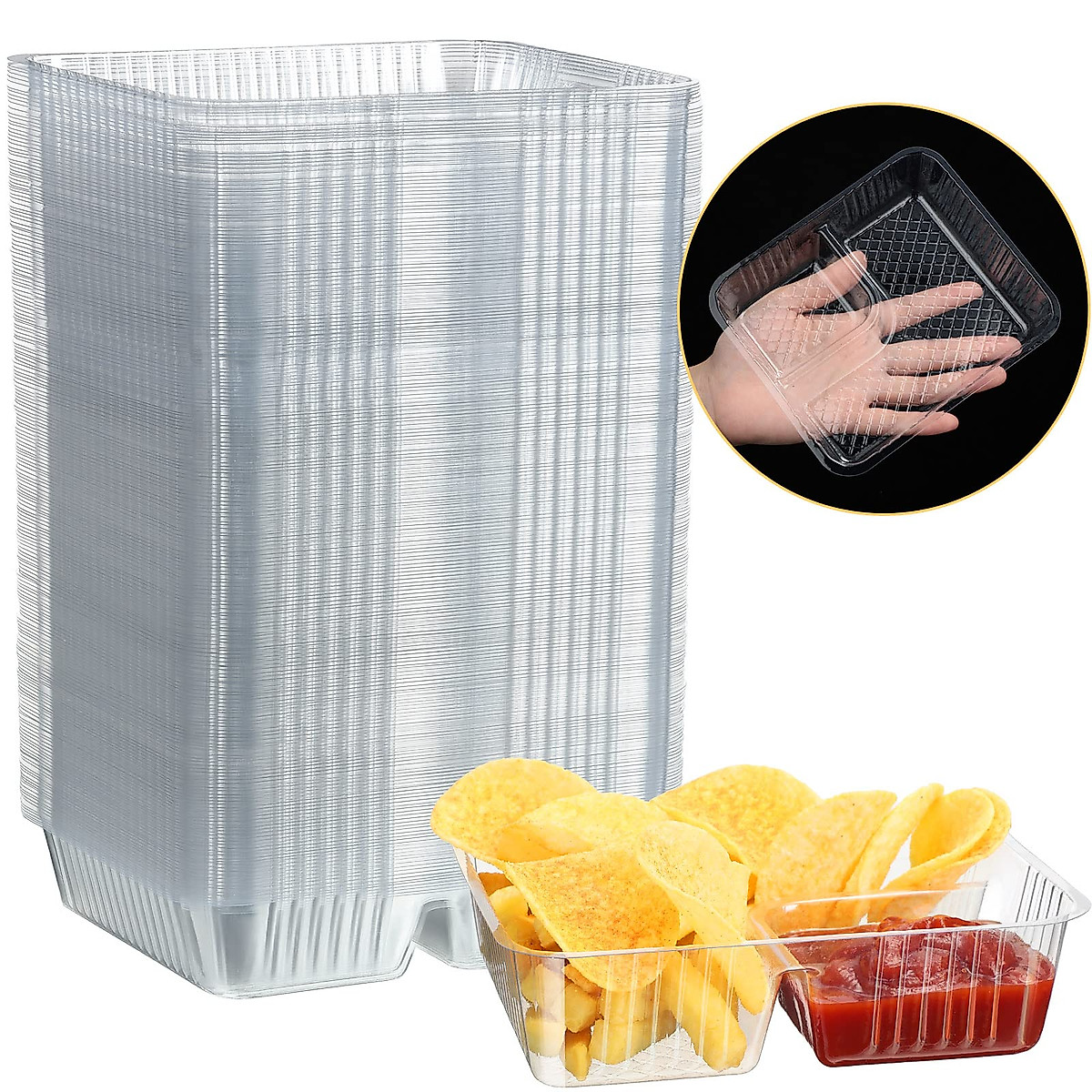 300 Pieces Nacho Trays Disposable 2 Compartment Food Tray Concession Stand Supplies Movie Night Snack Trays Clear Plastic Cheese Dip and Chip Holder for Candy Kids School Carnival (6 x 5 x 1.5 Inch)