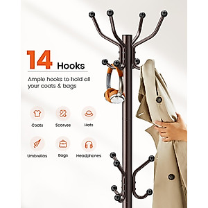 Pipishell Coat Rack with 14 Hooks, Freestanding Coat Rack Stand for Entryway, Hallway, Bedroom, and Office, Metal Coat Tree & Hat Rack for Coats, Hats, and Bags, Brown