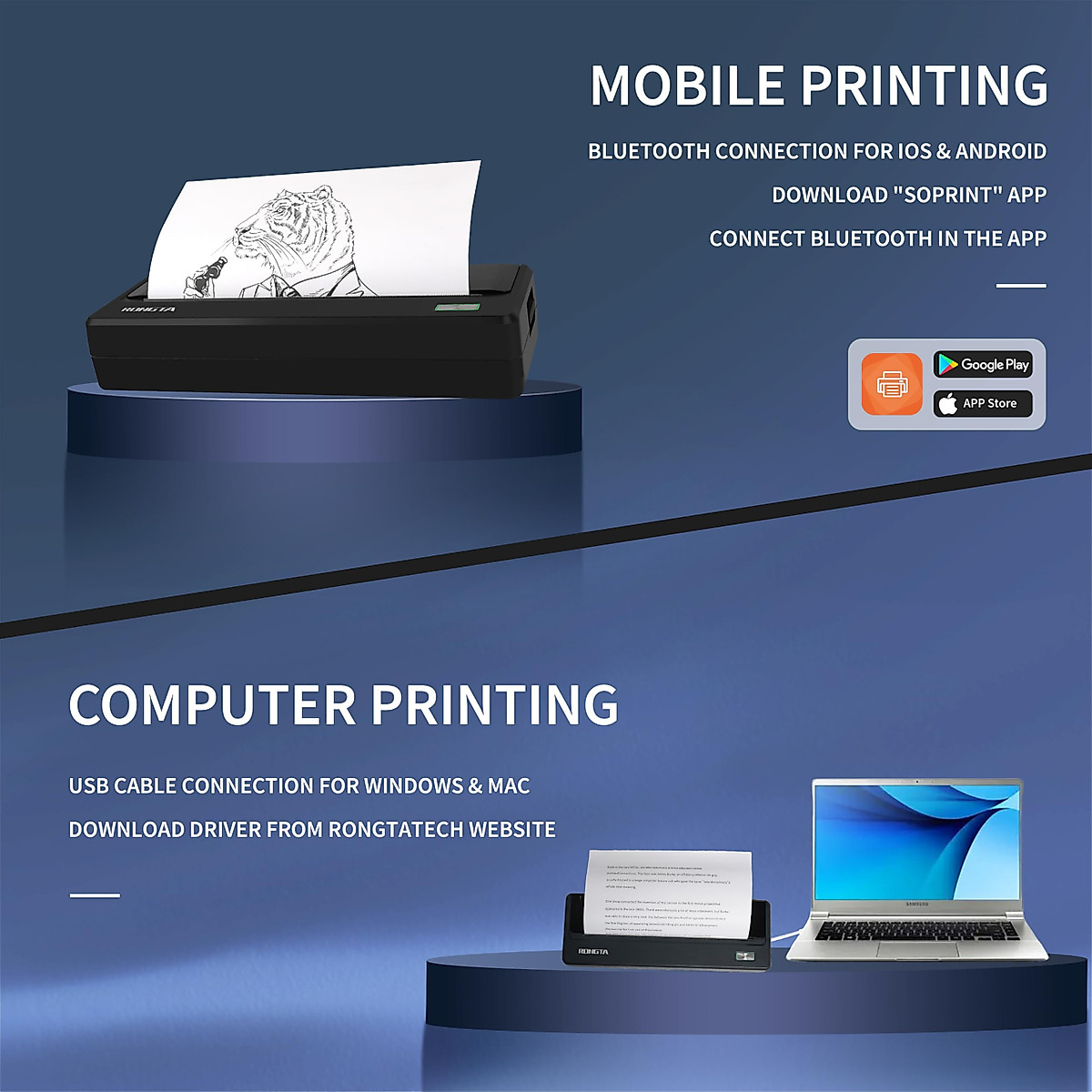 Rongta Portable Printer for Home Use, Small Thermal Printer Support 8.5'' x 11'' & A4 Thermal Paper, Portable Bluetooth Printer Compatible with Android/iOS & Laptop for Home Use(Dark Grey)