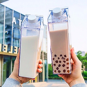 Vyooxcy 2 Pack Milk Carton Water Bottle, 17oz Clear Square Portable Bottle, Cute for Homemade Cold Drinks or Sports Travel Camping Activities in Summer