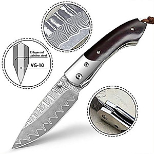 NedFoss Swordfish Damascus Pocket Knife for Men, Handmade Forged Damascus Steel Blade with Retro Leather Sheath, Sandalwood Handle, Excellent Gifts for Men