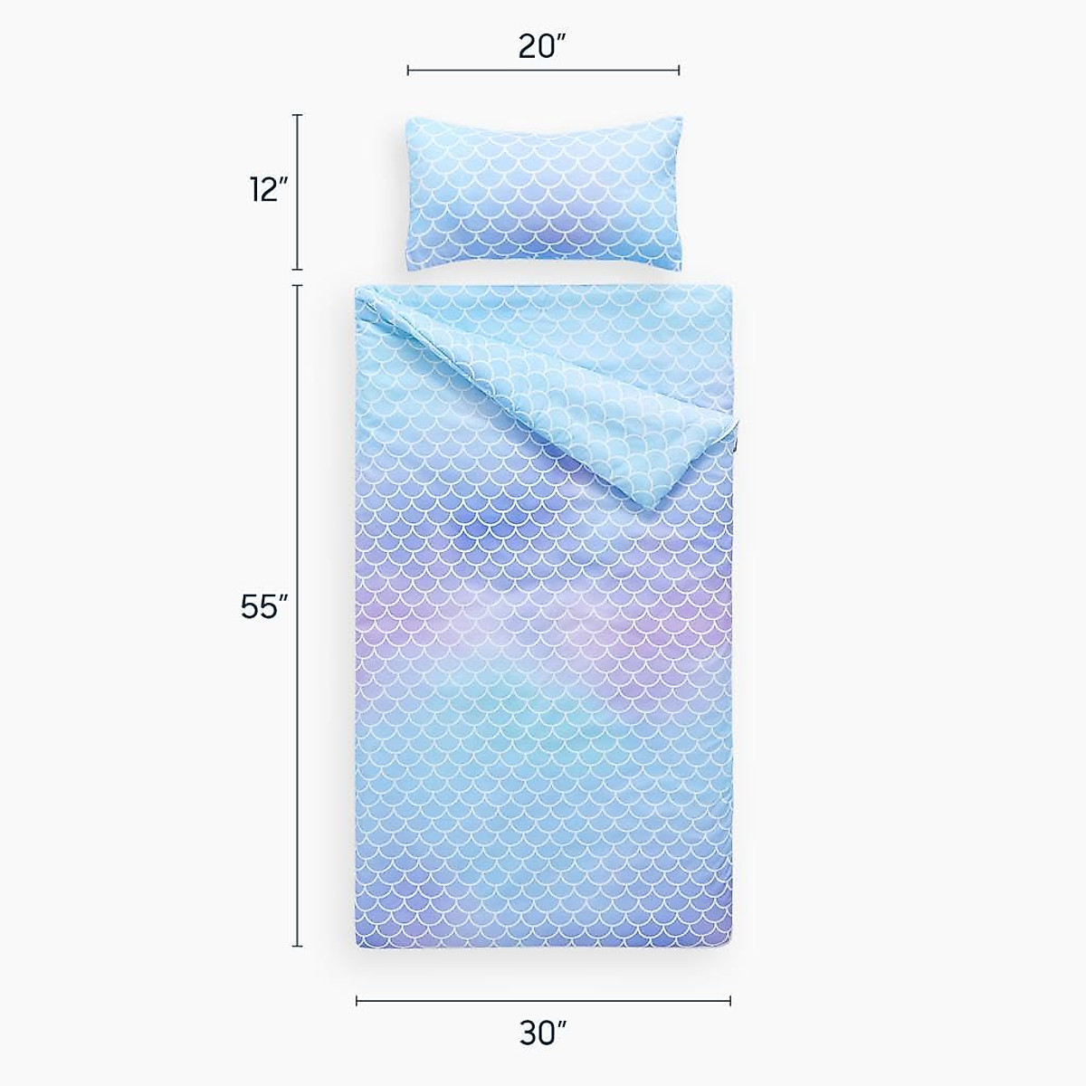 Wake In Cloud - Sleeping Bag Zippered, Nap Mat with Matching Pillow for Kids Boys Girls Sleepover Overnight Travel Slumber Bag, Mermaids Scales in Gradient Purple Blue, 100% Soft Microfiber