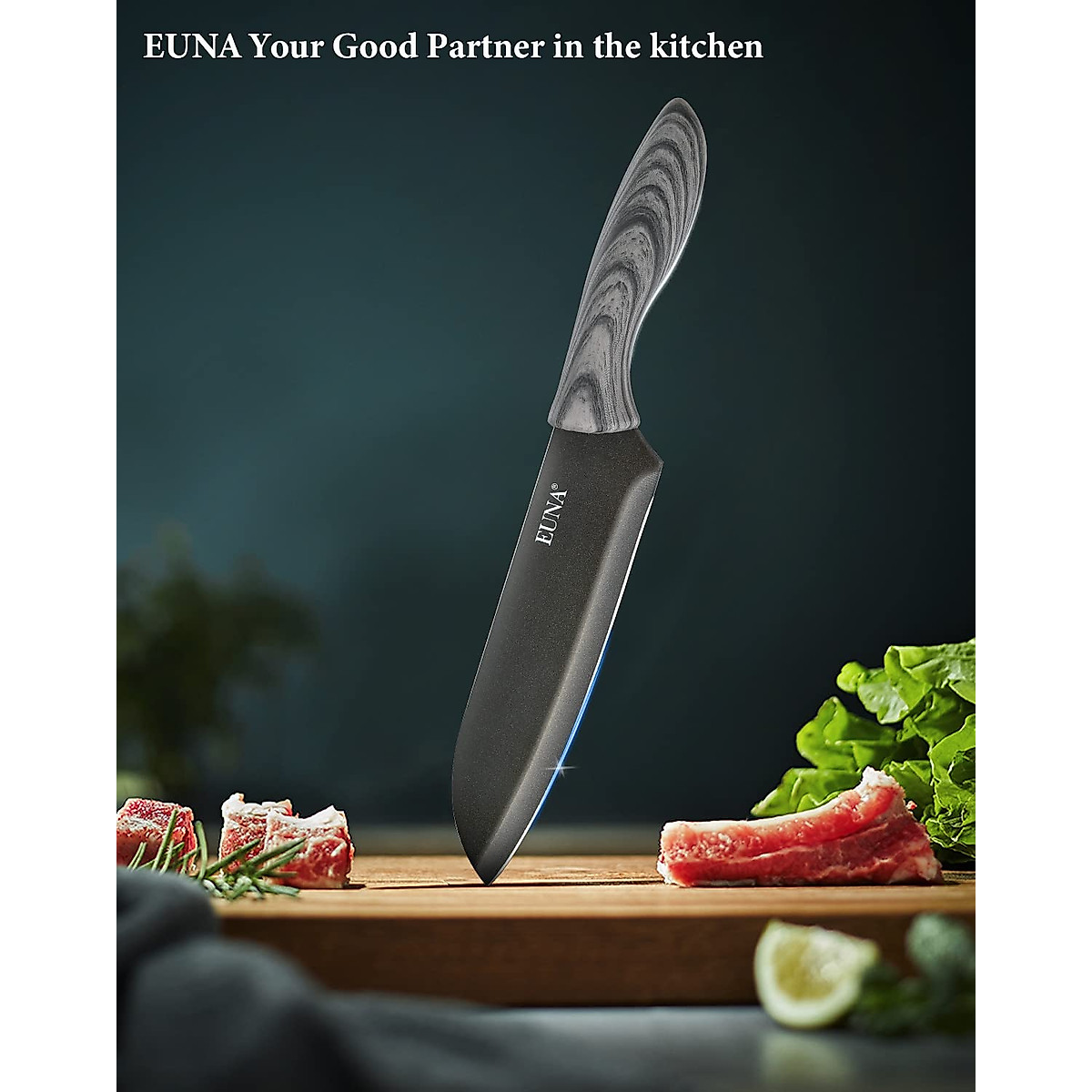EUNA 7 Inch Chef Knife Ultra Sharp, Kitchen Knife with Sheath & Gift Box, Santoku Knife for Meat/Fruit/Veggie Cutting, Gray Zebra Texture, Non-sticking coating and PP Handle Gary-Black, L03