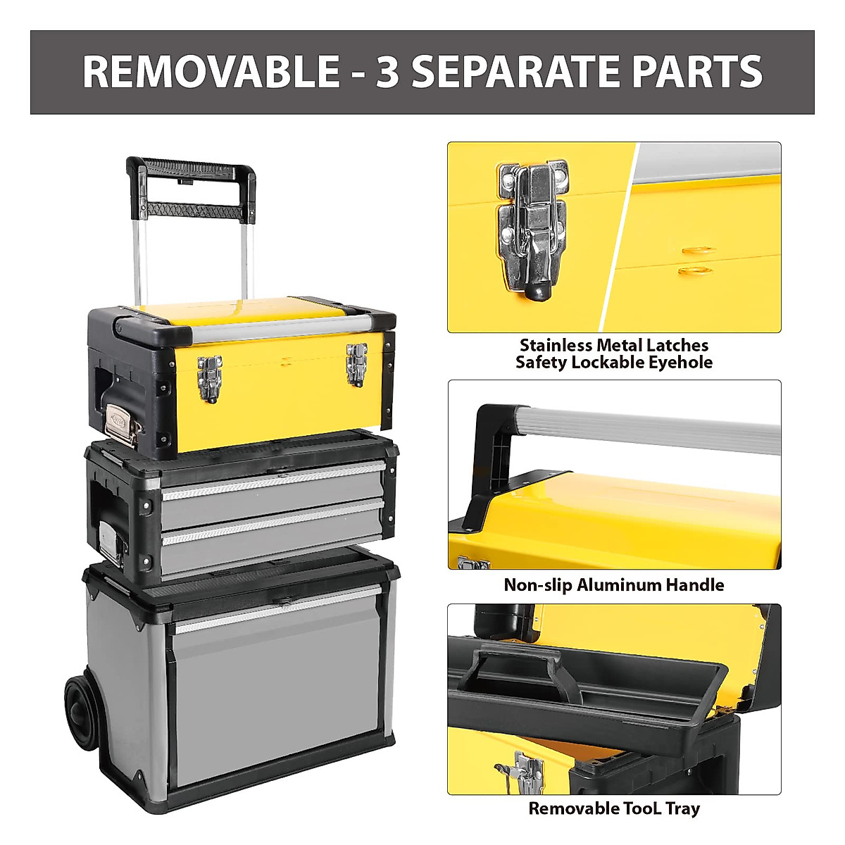 BIG RED Stackable Rolling Tool Box Portable Metal Toolbox Organizer with Wheels and 2 Drawers Separate Rolling Upright Trolley Tool Chest for Garage or Workshop,Yellow,ATRJF-C305ABDY