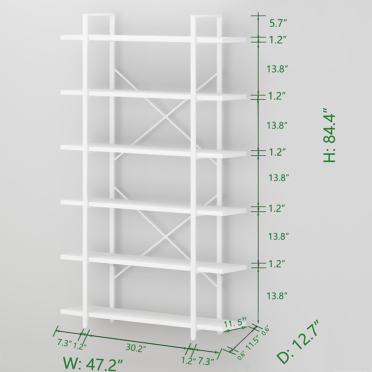 HSH 6 Tier Tall White Bookshelf, Industrial Modern Vertical Metal and Wood White Bookcases 6 Shelf,Farmhouse Open Large Storage Book Shelves & Display Book Shelf for Bedroom Living Room Office