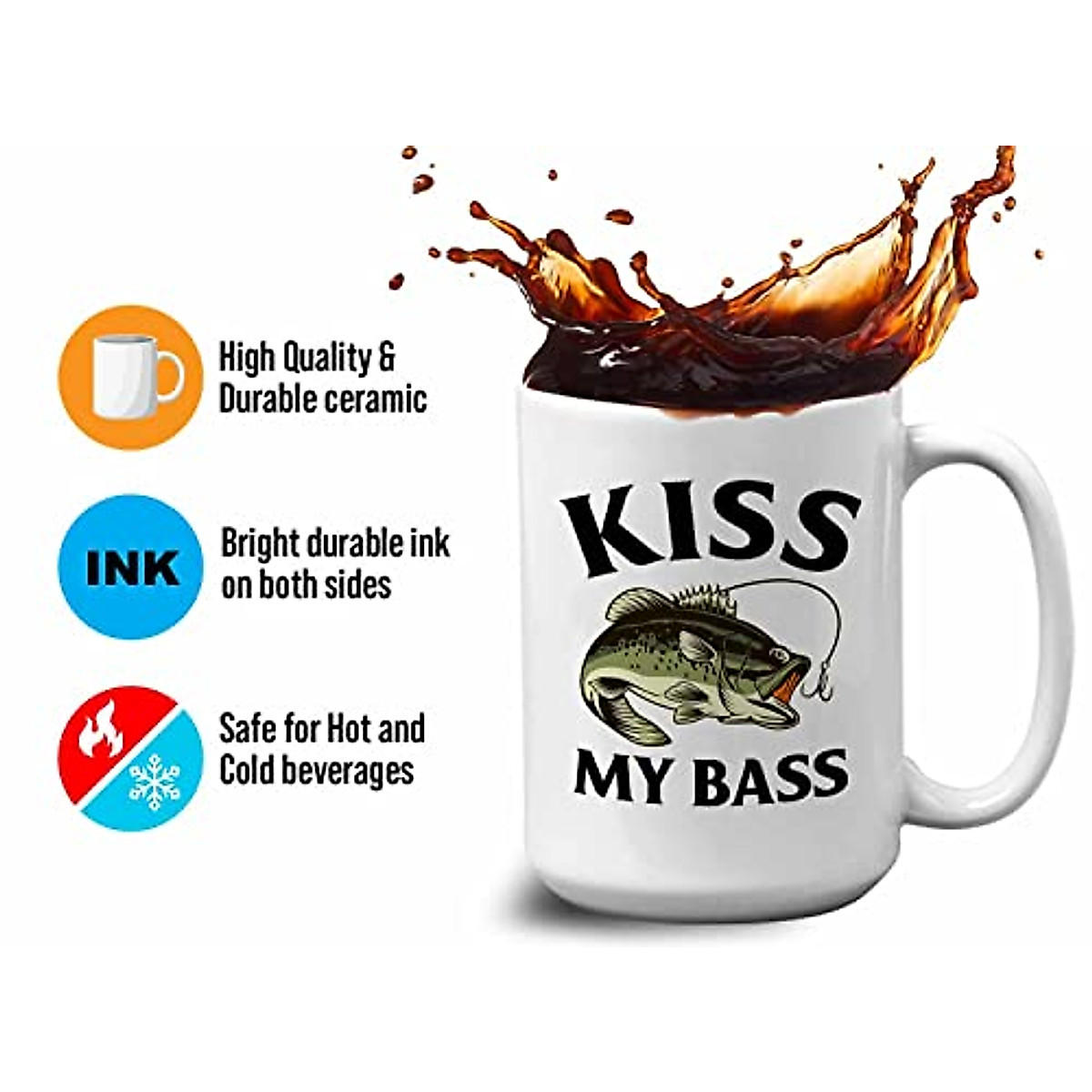 Fishing Coffee Mug 15oz White - Fisher, Retirement Dad - Fishing, Fish Lover, Hook, Bait, Reel, Rod, Spooling, Outdoor Hobby (Kiss Bass)