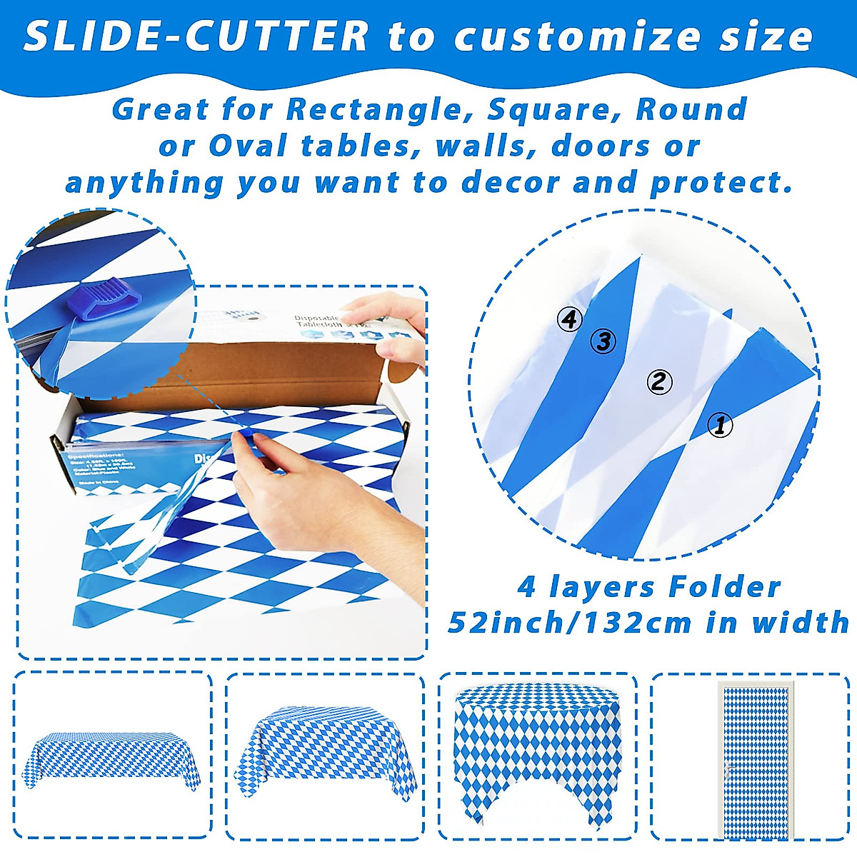 52 in x 100 Ft Oktoberfest Table Roll Party Accessory with Slide Cutter Plastic Table Cloth Roll Oktoberfest Bavarian Blue Diamonds Tablecover for German Themed Party Decorations
