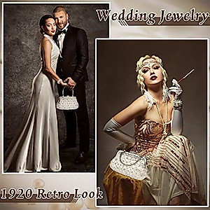 Juinte 4 Pcs 1920s Jewelry Set Include Vintage Pearl Clutch with Chain Faux Pearl Dangle Earring Multi Strands Bracelet and Necklace for Women Girls Wedding Prom Evening Anniversary Party Supplies