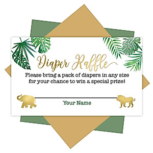 25 Safari Baby Shower Invitations, 25 Books For Baby Shower Request Cards, 25 Baby Shower Diaper Raffle Tickets For Baby Shower Games To Play, Cute Jungle Animal Write in Diaper Raffle Cards