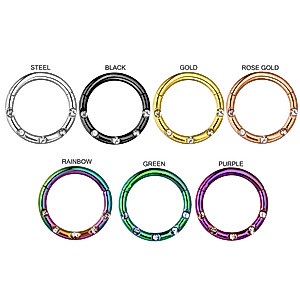 16 Gauge - 7MM Diameter Black Anodized Surgical Steel 5 Crystal Stones Paved Hinged Segment Nose Ring Septum Piercing