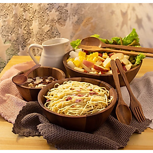 Large Acacia Wood Nesting Round Set 3 Serving Bowls 9½” 8½” 7” with Utensils Wooden Forks and Spoons Mix size Stackable Dish for Fruit Salad Vegetables Pasta Soup Cereals Decorative Wooden Nest Bowl