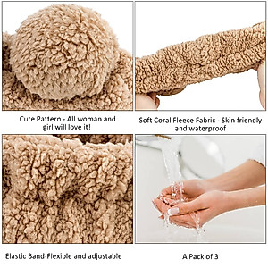 AHONEY Spa Bear Ears Headband, Face Wash Headband and Wristband Set, Cute Makeup Skincare Headbands Wrist Bands for Washing Face Elastic Fluffy Headband for Women Girls Cosmetic (Khaki)