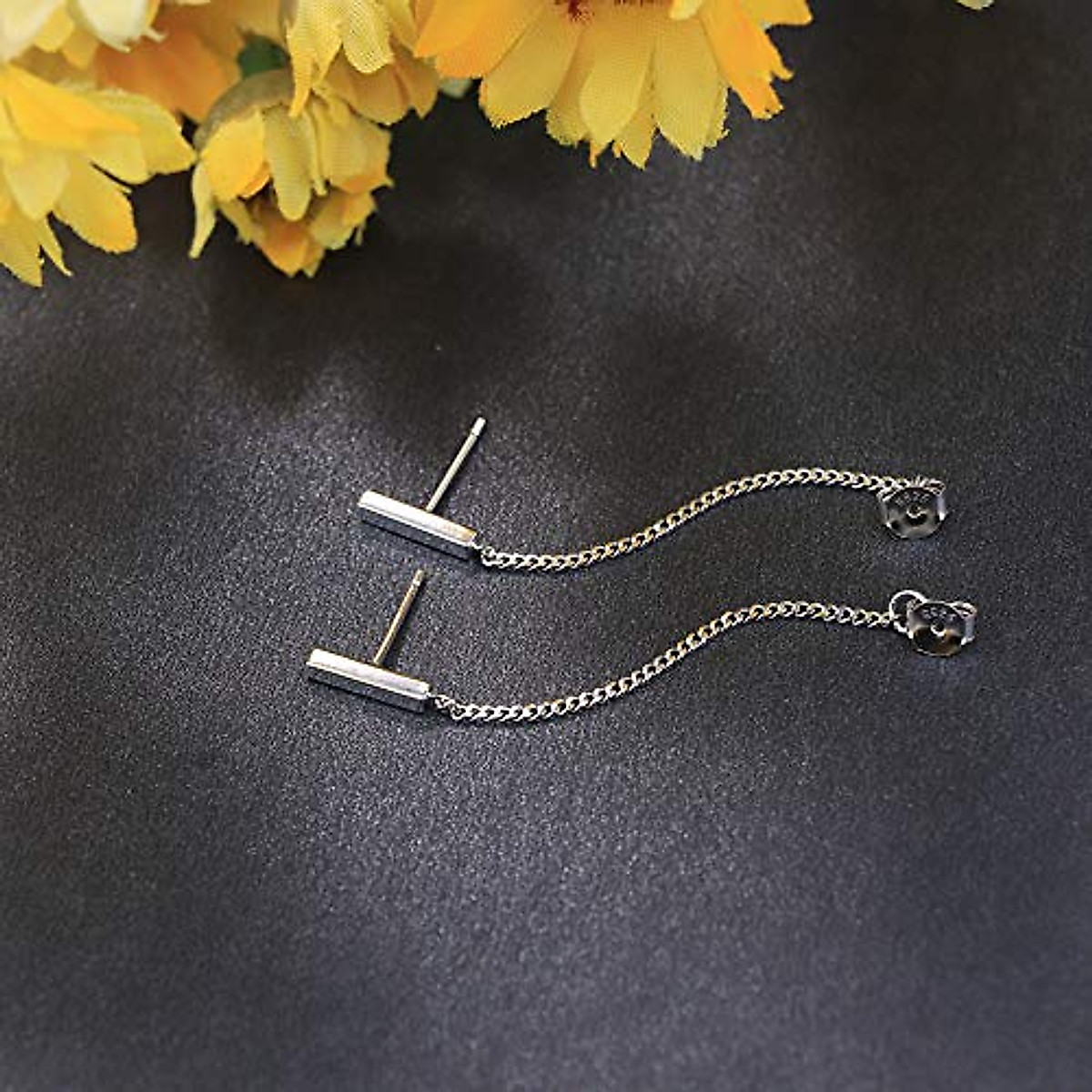 Milacolato 925 Sterling Silver Chain Earrings 14K Gold Plated Chain Dangle Bar Earrings Hypoallergenic Stud Earrings with Long Drop Threader Chain for Women