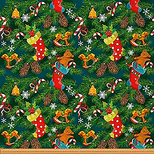Christmas Tree Upholstery Fabric by The Yard, Xmas Sock Pine Fir Cones Reupholstery Fabric for Chairs, Happy New Year Holiday Decorative Fabric for Outdoor and Home DIY Projects, 1 Yard, Green Red