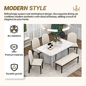 BIADNBZ Modern Style Dining Table Set for 6 with Faux Marble Tabletop and 4 Upholstered Chairs & 1 Bench, 6-Piece Family Kitchen Furniture, White