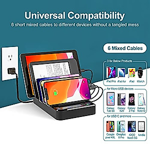 Charging Station for Multiple Devices 5 Ports with 6 Mixed Charging Cables Multi USB Charger Station Organizer for Cell Phones Tablets Tab Electronics Tech Gadget