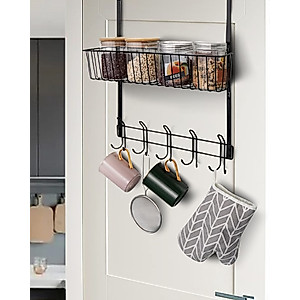 Rumara Over The Door Hanger Hooks, Behind Door Towel Rack, Organizer Hanger with 15 Racks and Basket for Barthroom, Bedroom Kitchen & Pantry, Back of Door Storage Shelf for Coat (1 Basket)