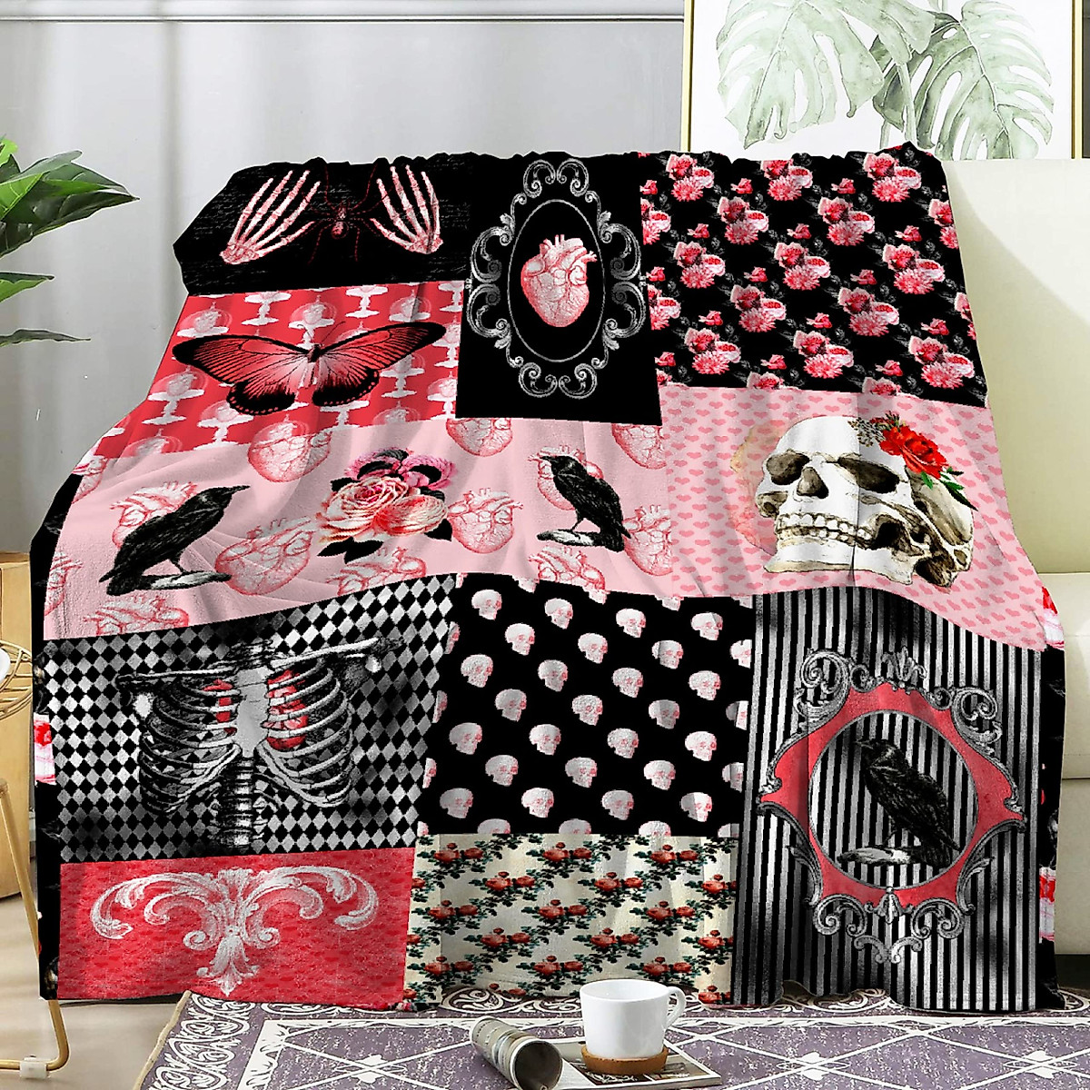 Retro Collage Rose Skull Red Butterfly Skeleton Gothic Blanket Tapestry Mandala Gifts for Girls Boys,Aesthetic Room Decor Plush Soft Lightweight Flannel Fleece Trippy Blankets Sheet for Dorm Decor