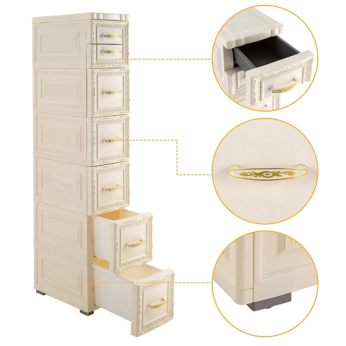 6 Tier Storage Cabinet with 7 Drawers Rolling Narrow Dresser Tower Stand Slim Plastic Storage Organizer with Wheels Elegant Storage Chest for Bedroom Bathroom Entryway Dorm Small Spaces, Beige