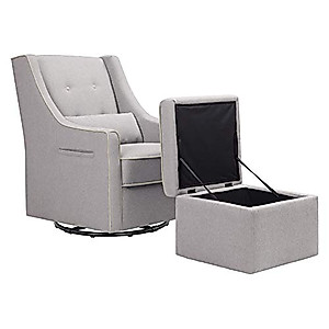 DaVinci Owen Upholstered Swivel Glider with Side Pocket and Storage Ottoman in Grey with Cream Piping, Greenguard Gold & CertiPUR-US Certified