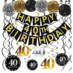 Famoby Gold Glittery Happy 40th Birthday Banner,Poms,Sparkling 40 Hanging Swirls Kit for 40th Birthday Party 40th Anniversary Decorations