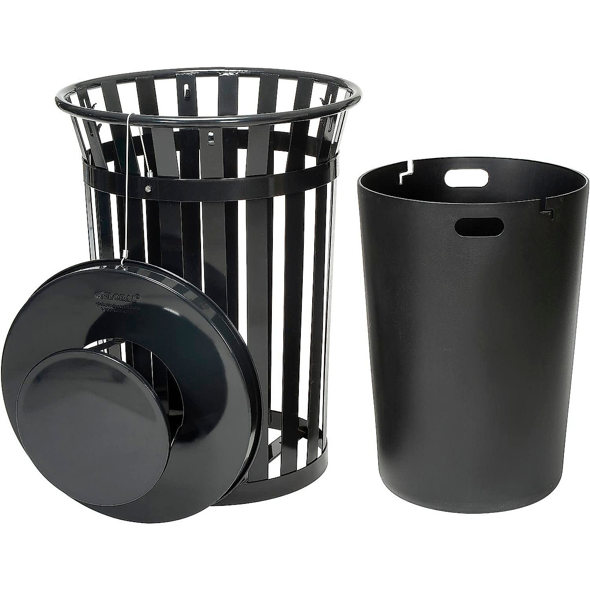 Global Industrial 36 Gallon Outdoor Metal Slatted Trash Receptacle with Rain Bonnet Lid, Black