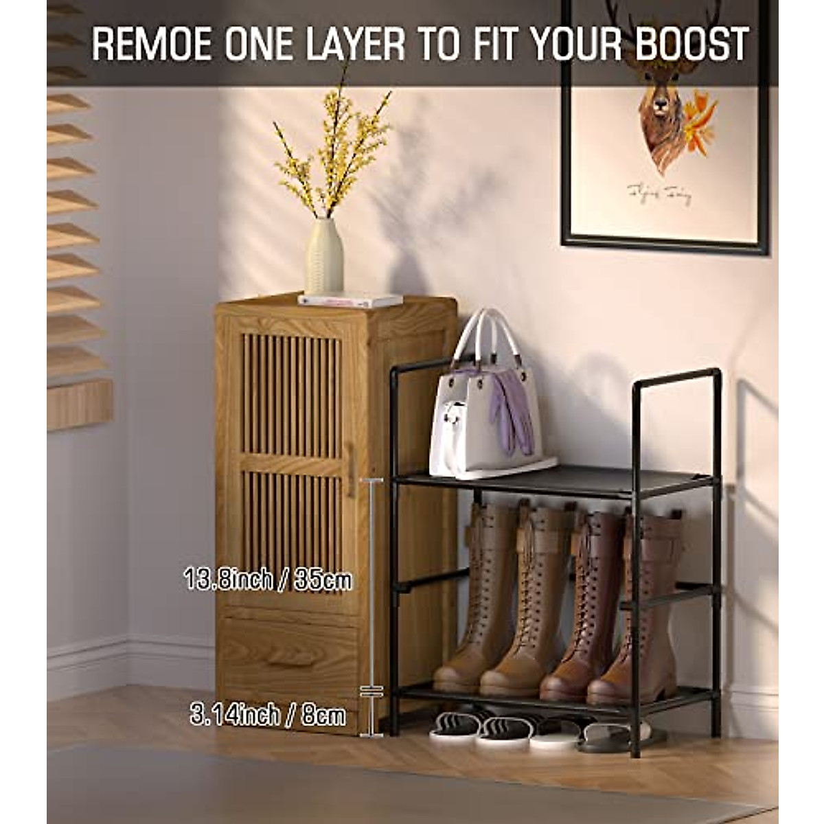 AwadeWhy Shoe Rack 3 Tiers, Narrow Shoe Rack, 3 Tier Shoe Organizer, Sturdy Black Metal Non-woven Expandable Rack, Small Shoe Rack for Storage Kids Men Entryway Closet Bedroom