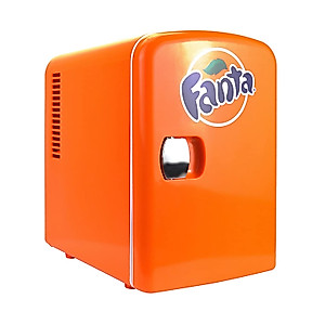Coca-Cola Fanta 4L Cooler/Warmer w/ 12V DC and 110V AC Cords, 6 Can Portable Mini Fridge, Personal Travel Refrigerator for Snacks Lunch Drinks Cosmetics, Desk Home Office Dorm, Orange