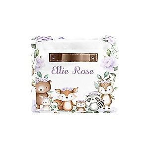 Woodland Animals Purple Flower Personalized Storage Bins,Foldable Baskets Organizer with Handle for Nursery Pet Toy Clothes Box 1 Pack