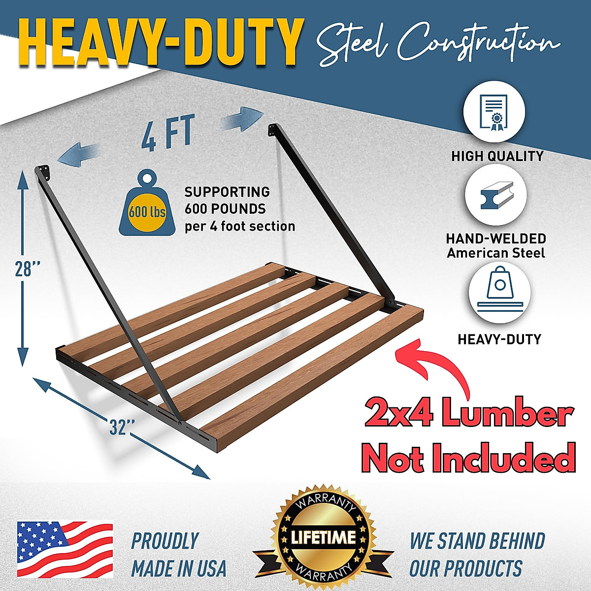Koova Universal Garage Shelving Kit - Heavy-Duty, Easy Install, Customizable, 600 lbs. Support, Made in USA, Maximize Storage, Reclaim Floor Space