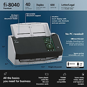 RICOH fi-8040 Premium Fast Front Office & Desktop Document, Receipt, ID Card Scanner with 50 Page Auto Feeder and PC-Less DirectScan Network Scanning Capability with 4-Year Advance Exchange Warranty