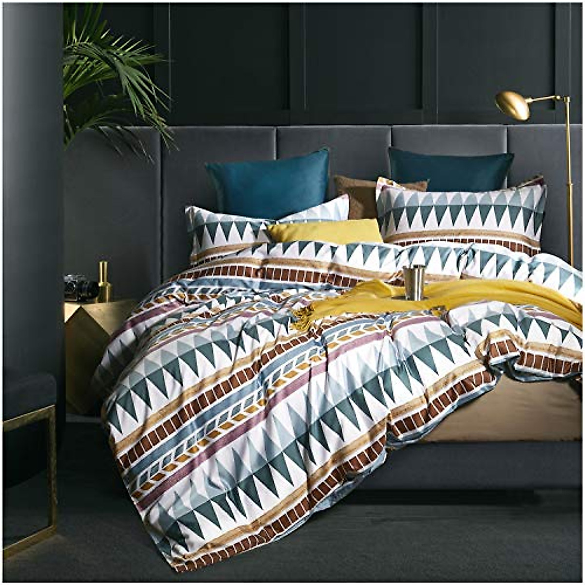 Bohemian Duvet Cover Striped Ethnic Boho Reversible Southwestern 400TC Cotton Bedding 3pc Set Navy White Orange Modern Geo Aztec Print (Teal Rust, King)