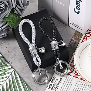 Crystal Bling Car Keychain for Women Glitter Rhinestone Keychain Ring Strap Keychain Accessories Car Key Decorations, Black, White, Large