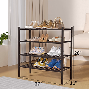 ROMGUAR CRAFT 4 Tier Bamboo Shoe Rack for Closet Free Standing Wood Shoe Shelf for Entryway Small Space Stackable 27"x11"x26" (Brown)
